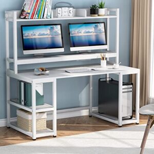 tribesigns 55 inches computer desk with hutch and monitor stand riser, rustic industrial desk computer table studying writing desk workstation with storage shelves bookshelf for home office (white)