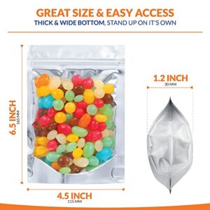 Stand Up Mylar Bags 4.5” x 6.5” +1.2" Heat Seal For Candy & Food Packaging, Medications And Vitamins - 100 Sealable Mylar Ziplock Bags with Gusset Bottom - For Liquid And Solids (4.5” x 5.5” + 1.18”)