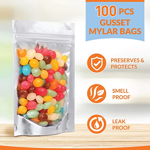 Stand Up Mylar Bags 4.5” x 6.5” +1.2" Heat Seal For Candy & Food Packaging, Medications And Vitamins - 100 Sealable Mylar Ziplock Bags with Gusset Bottom - For Liquid And Solids (4.5” x 5.5” + 1.18”)