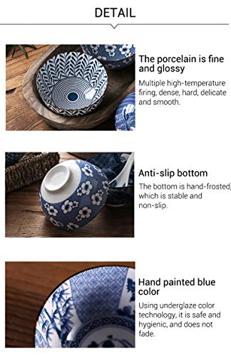 Gegong 6 Pack Ceramic Bowls, Japanese Style Rice Bowls, 10 Ounces Thickening Blue and white porcelain bowls, Cereal Bowls for Kitchen, Suitable for microwave, ovens, dishwashers (mixing)