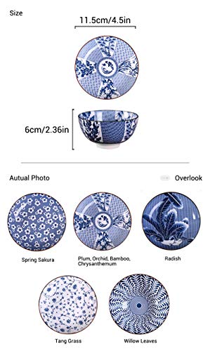 Gegong 6 Pack Ceramic Bowls, Japanese Style Rice Bowls, 10 Ounces Thickening Blue and white porcelain bowls, Cereal Bowls for Kitchen, Suitable for microwave, ovens, dishwashers (mixing)