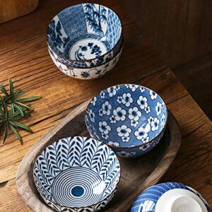 Gegong 6 Pack Ceramic Bowls, Japanese Style Rice Bowls, 10 Ounces Thickening Blue and white porcelain bowls, Cereal Bowls for Kitchen, Suitable for microwave, ovens, dishwashers (mixing)