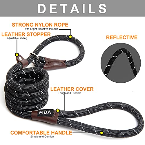 Fida Durable Slip Lead Dog Leash, 6 FT x 1/2" Heavy Duty Dog Loop Leash, Comfortable Strong Rope Slip Leash for Large, Medium Dogs, No Pull Pet Training Leash with Highly Reflective, Black