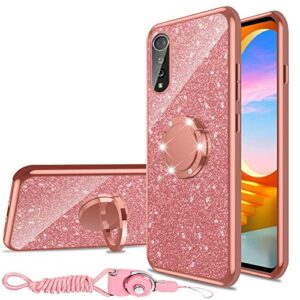 nancheng for lg velvet 5g case (lm-g900), lg velvet 5g uw case glitter luxury sparkles tpu slim cute for women girls with kickstand, bling diamond ring stand & strap case for lg velvet 5g-rose gold