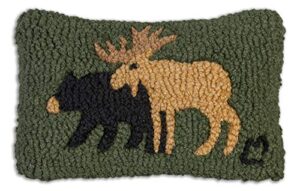 chandler 4 corners artist-designed moose & bear hand-hooked wool decorative throw pillow (8” x 12”)