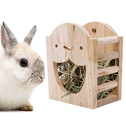 ROZKITCH Rabbit Hay Feeder, Wooden Grass Food Dispenser for Cage, Wood Rack Manger Holder Storage for Bunny Guinea Pig Chinchilla, Less Wasted Indoor Bowl Small Animal Pet-self Feeding Bin