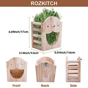 ROZKITCH Rabbit Hay Feeder, Wooden Grass Food Dispenser for Cage, Wood Rack Manger Holder Storage for Bunny Guinea Pig Chinchilla, Less Wasted Indoor Bowl Small Animal Pet-self Feeding Bin