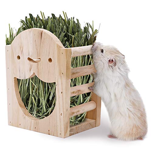 ROZKITCH Rabbit Hay Feeder, Wooden Grass Food Dispenser for Cage, Wood Rack Manger Holder Storage for Bunny Guinea Pig Chinchilla, Less Wasted Indoor Bowl Small Animal Pet-self Feeding Bin