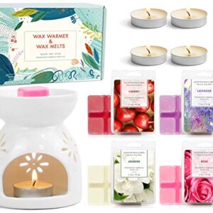 LA BELLEFÉE Tea Light Wax Warmer Scented Wax Melts Wax Cubes and Candles Set, with 4 Scentsy Soy Wax Melts, Rose, Lavender, Jasmine, Cherry, 1 Wax Burner and 4 Tealights