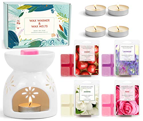 LA BELLEFÉE Tea Light Wax Warmer Scented Wax Melts Wax Cubes and Candles Set, with 4 Scentsy Soy Wax Melts, Rose, Lavender, Jasmine, Cherry, 1 Wax Burner and 4 Tealights