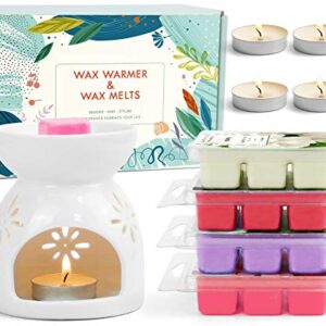 LA BELLEFÉE Tea Light Wax Warmer Scented Wax Melts Wax Cubes and Candles Set, with 4 Scentsy Soy Wax Melts, Rose, Lavender, Jasmine, Cherry, 1 Wax Burner and 4 Tealights