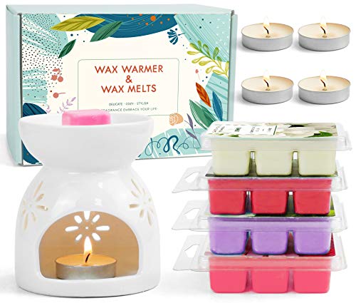 LA BELLEFÉE Tea Light Wax Warmer Scented Wax Melts Wax Cubes and Candles Set, with 4 Scentsy Soy Wax Melts, Rose, Lavender, Jasmine, Cherry, 1 Wax Burner and 4 Tealights