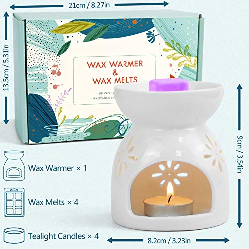 LA BELLEFÉE Tea Light Wax Warmer Scented Wax Melts Wax Cubes and Candles Set, with 4 Scentsy Soy Wax Melts, Rose, Lavender, Jasmine, Cherry, 1 Wax Burner and 4 Tealights