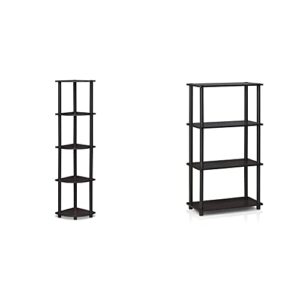 furinno turn-n-tube 5 tier corner display rack multipurpose shelving unit, 1-pack, dark walnut & turn-n-tube 4-tier multipurpose shelf display rack, round tubes, dark walnut