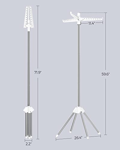 SONGMICS Clothes Drying Rack, 59.6 Inches High Folding Laundry Drying Rack with 3 Rotatable Arms for Hangers, 4 Legs, Stainless Steel, for 27 Pieces of Clothes, White and Silver ULLR510W01