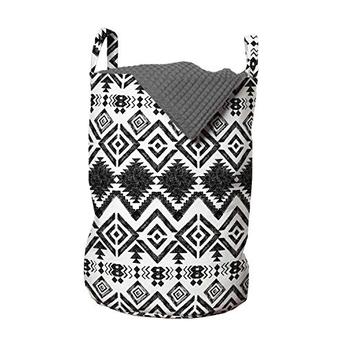 Lunarable Tribal Laundry Bag, Hand Drawn Style Tribal Pattern Geometric and Oranmental Aztec Design Print, Hamper Basket with Handles Drawstring Closure for Laundromats, 13" x 19", Black and White