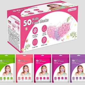 Sudopo Kids Disposable FACE Masks 50 Pieces (5 Packs of 10 RESEALABLE Bags) (Girls)