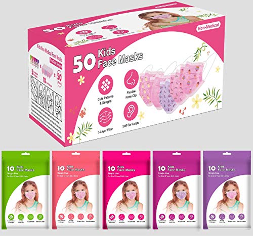 Sudopo Kids Disposable FACE Masks 50 Pieces (5 Packs of 10 RESEALABLE Bags) (Girls)