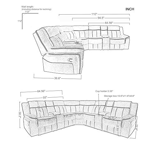 K·1 Classic and Traditional Fabric Manual Reclining Corner Sectional Sofa w/Cup Holder Living Room, Grey Fabric