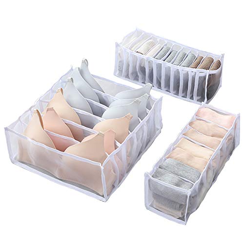 O'woda Underwear Organizer Drawer, 3 Packs Foldable Underwear Drawer Organiser Divider Storage Box Bin for Clothes, Underwear, Bras, Lingerie, Socks, White