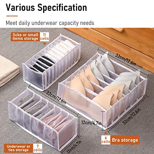 O'woda Underwear Organizer Drawer, 3 Packs Foldable Underwear Drawer Organiser Divider Storage Box Bin for Clothes, Underwear, Bras, Lingerie, Socks, White