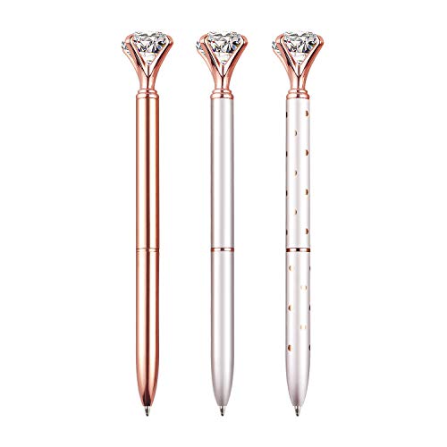 3 PCS Bling Big Crystal Diamond Ballpoint Pen Metal Ballpoint Pens for Office Supplies Gift, Rose Gold/Silver/White With Rose Polka Dots/, Includes 3 Pen Refills