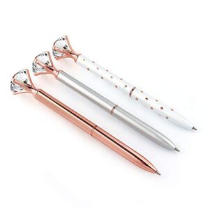 3 PCS Bling Big Crystal Diamond Ballpoint Pen Metal Ballpoint Pens for Office Supplies Gift, Rose Gold/Silver/White With Rose Polka Dots/, Includes 3 Pen Refills