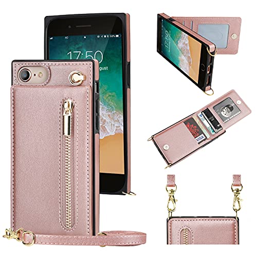 KIHUWEY iPhone SE 2020 iPhone 8 iPhone 7 Crossbody Wallet Case with 4 Card Slots,Wrist Strap Protective Kickstand Shoulder Cross Body Zipper Pocket Cover Case 4.7 Inch Rose Gold