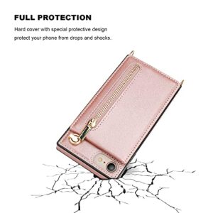 KIHUWEY iPhone SE 2020 iPhone 8 iPhone 7 Crossbody Wallet Case with 4 Card Slots,Wrist Strap Protective Kickstand Shoulder Cross Body Zipper Pocket Cover Case 4.7 Inch Rose Gold