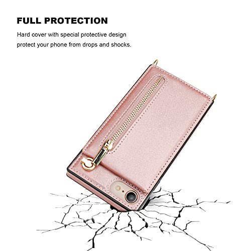 KIHUWEY iPhone SE 2020 iPhone 8 iPhone 7 Crossbody Wallet Case with 4 Card Slots,Wrist Strap Protective Kickstand Shoulder Cross Body Zipper Pocket Cover Case 4.7 Inch Rose Gold