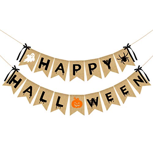 Happy Halloween Burlap Banner- Happy Halloween Decorations,Halloween Banner Burlap,Halloween Garland for Mantle,Halloween Party Decorations