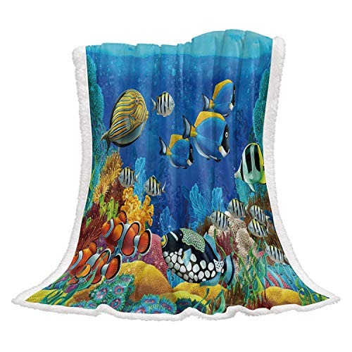 Fluffy and Soft Plush Sherpa Reversible Blanket 59"x79",Cartoon Underwater Graphic with Algaes Coral Reefs Fishes The Life Aquatic Throw Blanket for Children and Adult,Machine Washable Non-Shedding