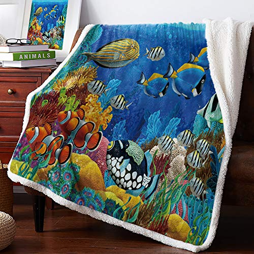 Fluffy and Soft Plush Sherpa Reversible Blanket 59"x79",Cartoon Underwater Graphic with Algaes Coral Reefs Fishes The Life Aquatic Throw Blanket for Children and Adult,Machine Washable Non-Shedding