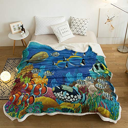 Fluffy and Soft Plush Sherpa Reversible Blanket 59"x79",Cartoon Underwater Graphic with Algaes Coral Reefs Fishes The Life Aquatic Throw Blanket for Children and Adult,Machine Washable Non-Shedding