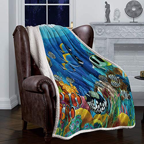 Fluffy and Soft Plush Sherpa Reversible Blanket 59"x79",Cartoon Underwater Graphic with Algaes Coral Reefs Fishes The Life Aquatic Throw Blanket for Children and Adult,Machine Washable Non-Shedding