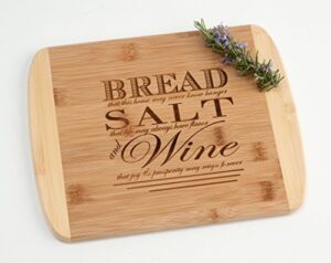 engraved wood cutting board housewarming gift, bread salt wine quote from it's a wonderful life on two tone bamboo