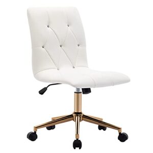 duhome modern home office chair，cute white desk chair with gold base, pu leather task chair computer chair rolling chair with wheels, armless vanity chair for teens