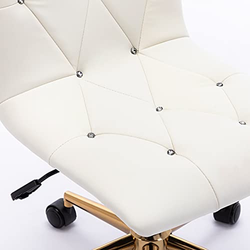 Duhome Modern Home Office Chair，Cute White Desk Chair with Gold Base, PU Leather Task Chair Computer Chair Rolling Chair with Wheels, Armless Vanity Chair for Teens