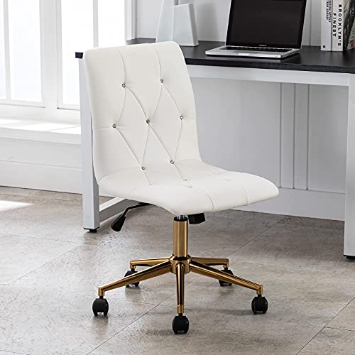 Duhome Modern Home Office Chair，Cute White Desk Chair with Gold Base, PU Leather Task Chair Computer Chair Rolling Chair with Wheels, Armless Vanity Chair for Teens