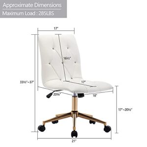 Duhome Modern Home Office Chair，Cute White Desk Chair with Gold Base, PU Leather Task Chair Computer Chair Rolling Chair with Wheels, Armless Vanity Chair for Teens