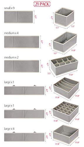 DIOMMELL Set of 21 Foldable Cloth Storage Box Closet Dresser Drawer Organizer Fabric Baskets Bins Containers Divider for Baby Clothes Underwear Bras Socks Lingerie Clothing,Grey 11-4249