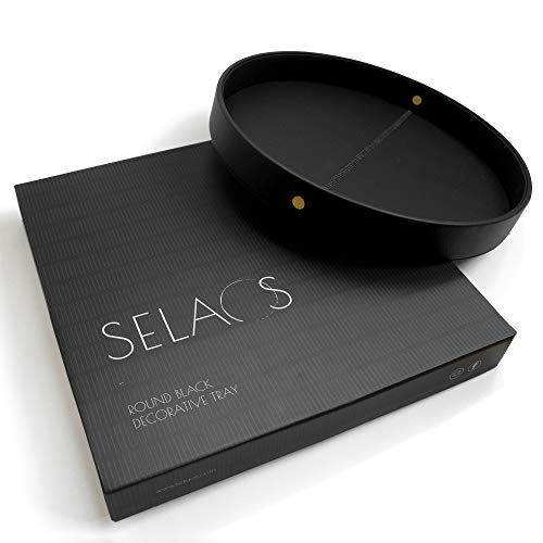 Selaos Decorative Round Serving Tray - Black and Gold Tray | Decorative Trays for Coffee Table | Serving Tray for Ottoman | Black Serving Tray | Ottoman Tray for Living Room | Serving Tray Round