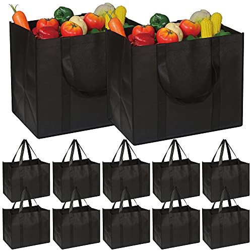 DIOMMELL 12 Pack Reusable Grocery Bags Large Foldable Heavy Duty Shopping Tote Produce Bag with Reinforced Handles for Groceries Clothes Vegetables Fruit, Black