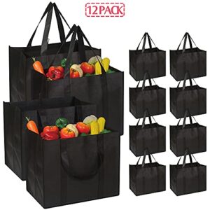 DIOMMELL 12 Pack Reusable Grocery Bags Large Foldable Heavy Duty Shopping Tote Produce Bag with Reinforced Handles for Groceries Clothes Vegetables Fruit, Black