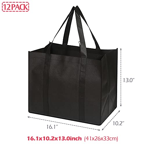 DIOMMELL 12 Pack Reusable Grocery Bags Large Foldable Heavy Duty Shopping Tote Produce Bag with Reinforced Handles for Groceries Clothes Vegetables Fruit, Black