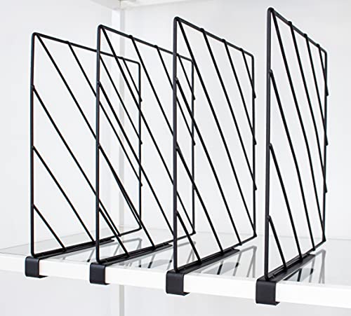 Home Hideout Shelf Dividers for Closet Organization (4-Pack; 10.5L x 11.5H x 0.75W in) || Metal Closet Shelf Divider; Perfect Closet Shelf Organizer, or for Bathroom and Kitchen Shelves (Matte Black)