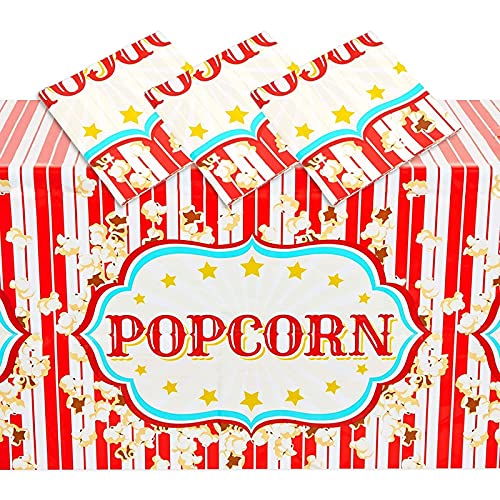 BLUE PANDA Popcorn Tablecloths for Movie Night, Carnival Party Supplies (54 x 108 in, 3 Pack)