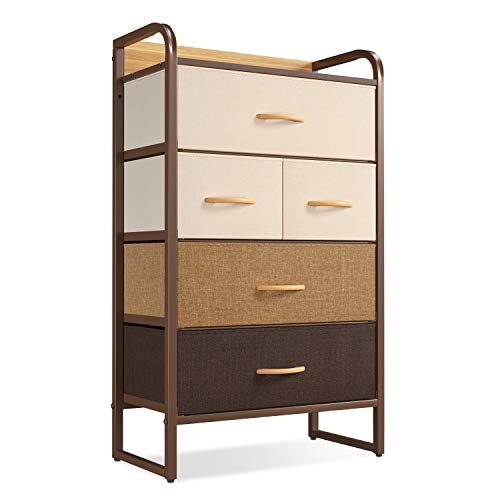 CubiCubi Tall Dresser Storage Chest, Vanity Furniture Cabinet Tower Unit for Bedroom, Office, and Closet, 5 Removable Drawers with Wood Top, Chocolate