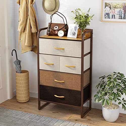 CubiCubi Tall Dresser Storage Chest, Vanity Furniture Cabinet Tower Unit for Bedroom, Office, and Closet, 5 Removable Drawers with Wood Top, Chocolate