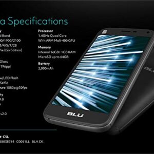 BLU C5L Android Cell Phone 5'' 16GB Memory Factory Unlocked 5.0'' Display -Black